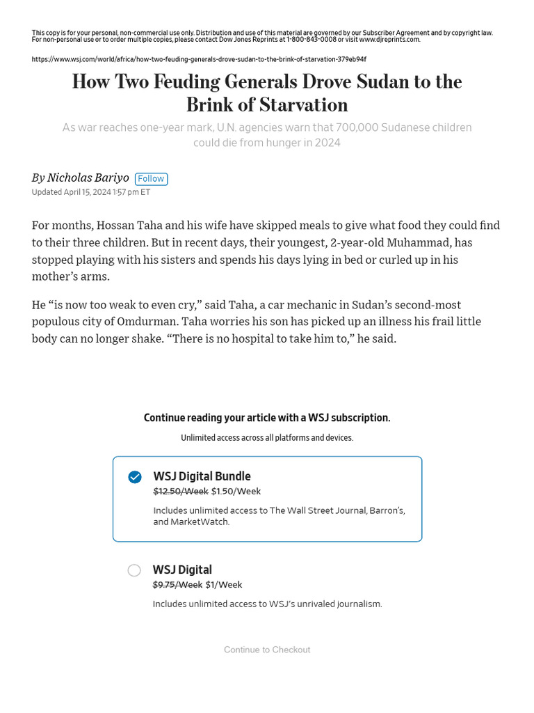 How Two Feuding Generals Drove Sudan To The Brink of Starvation - WSJ | PDF
