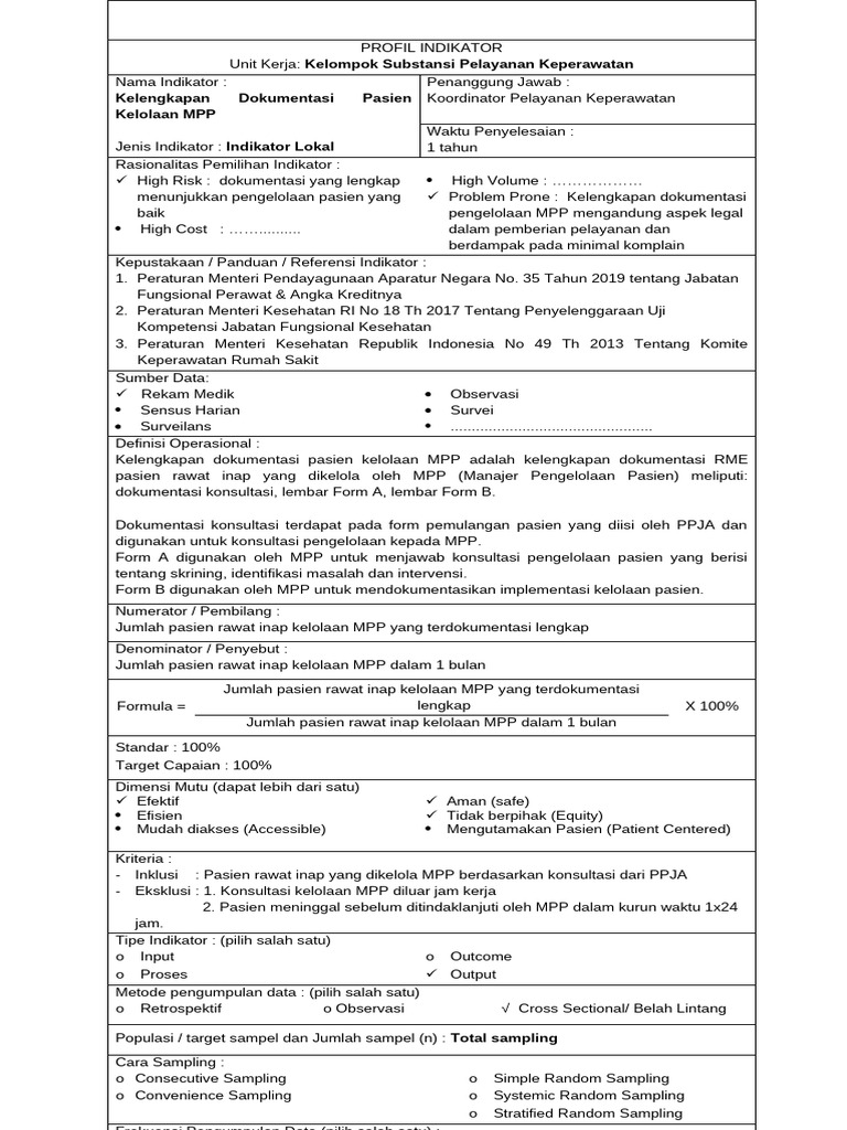 Contoh Indikator Mutu Kelengkapan Dokumentasi Kelolaan MPP | PDF