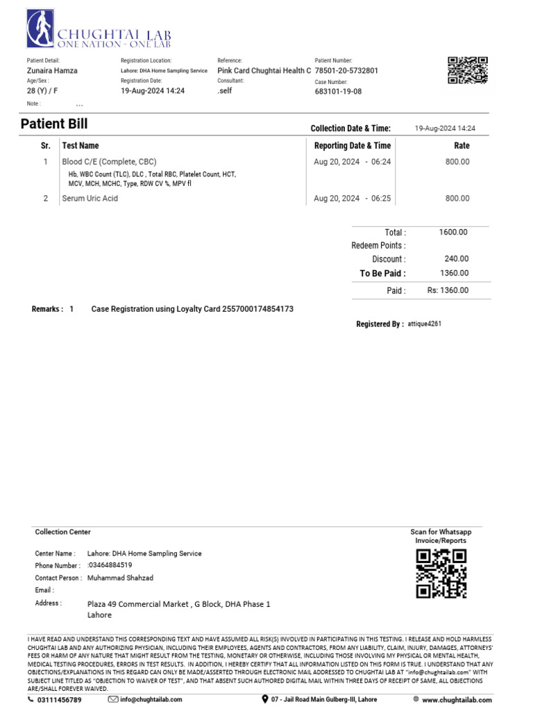 Patient Bill: Collection Date & Time: Test Name Reporting Date & Time ...