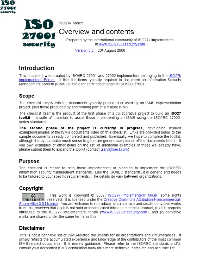 ISO27k Toolkit Overview and Contents 3v2 | PDF | Information Security ...