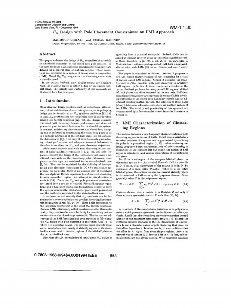 Hinf Design With Pole Placement Constraints An LMI Approach | PDF | Control Theory ...