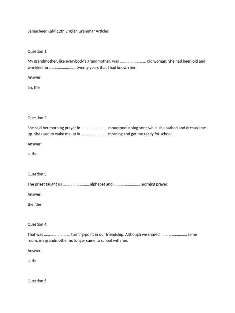 Samacheer Kalvi 12th English Grammar Articles | PDF