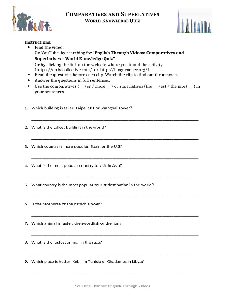 Comparatives and Superlatives World Knowledge Vide Grammar Drills Video ...