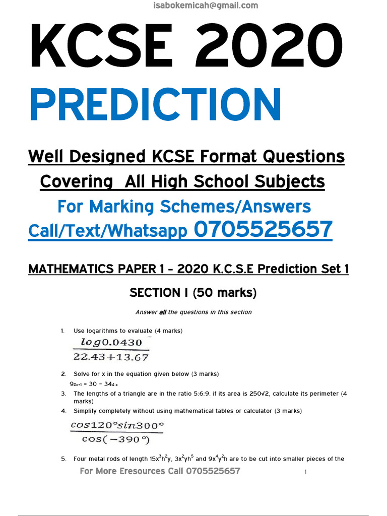 Kcse Mocks Prediction Set 1 All Subjects | PDF