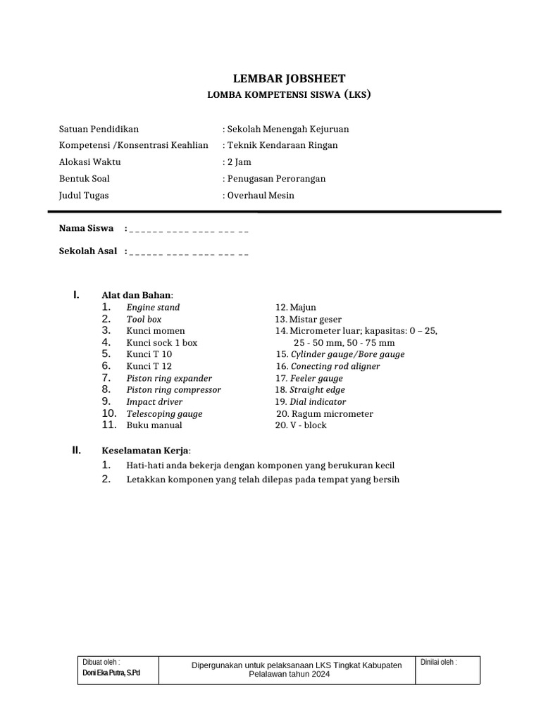 Jobsheet LKS Overhaul Mesin | PDF