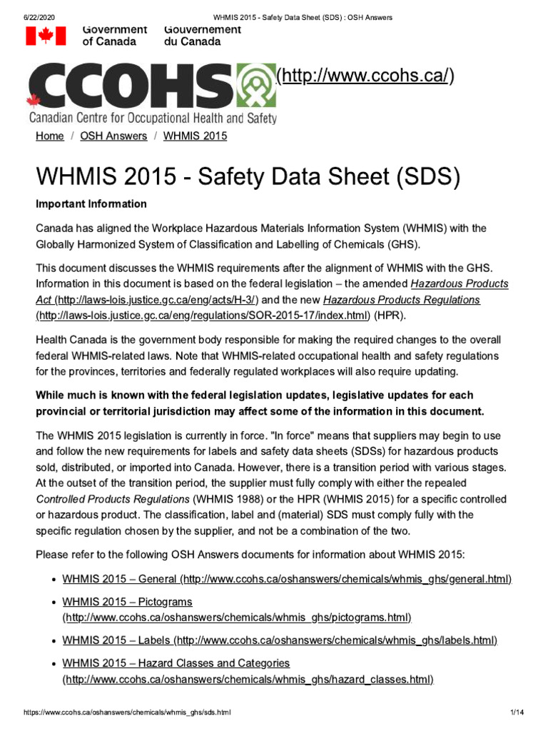WHMIS 2015 - Safety Data Sheet (SDS) - OSH Answers | PDF