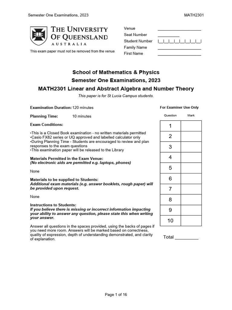 Semester_One_Final_Examination_2023_MATH2301 | PDF