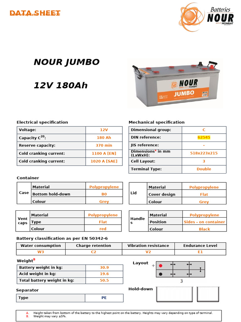 Technical Data Sheet - Nour - Jumbo 62545 - 180AhDB - Copie | PDF