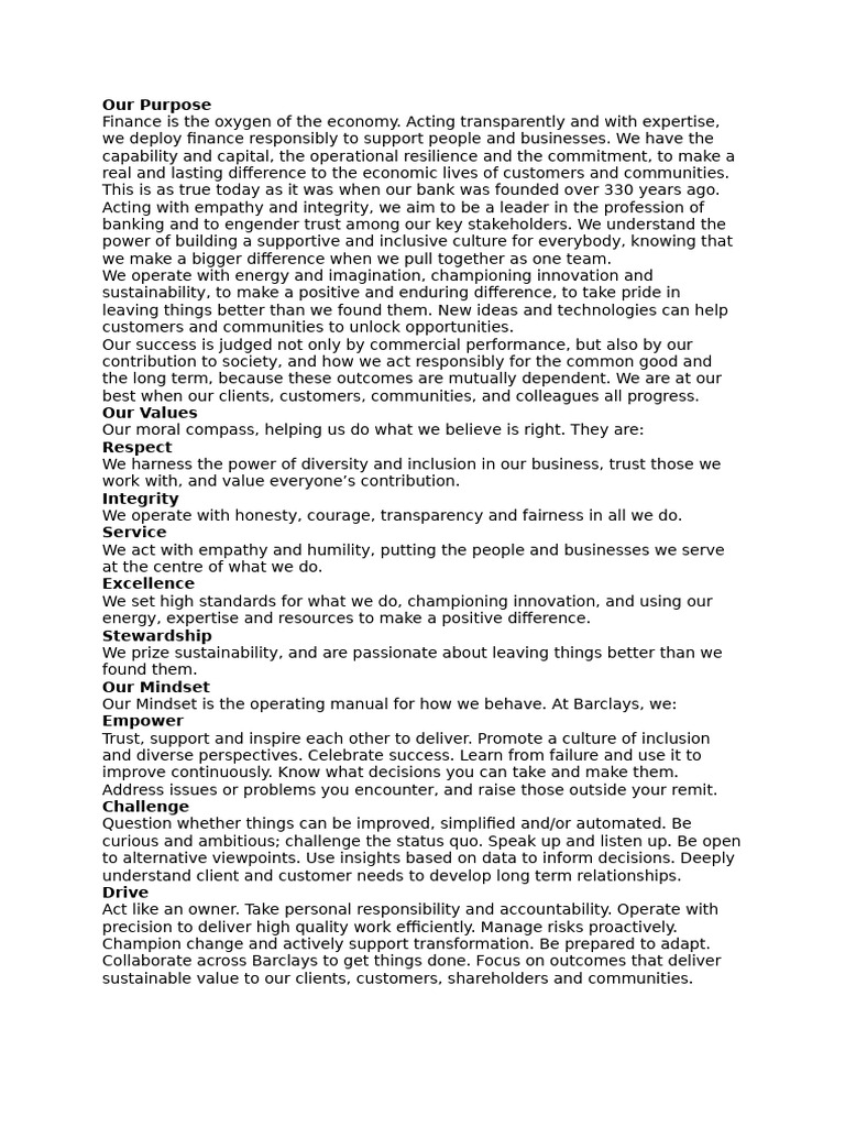 Barclays Purpose & Mindset | PDF