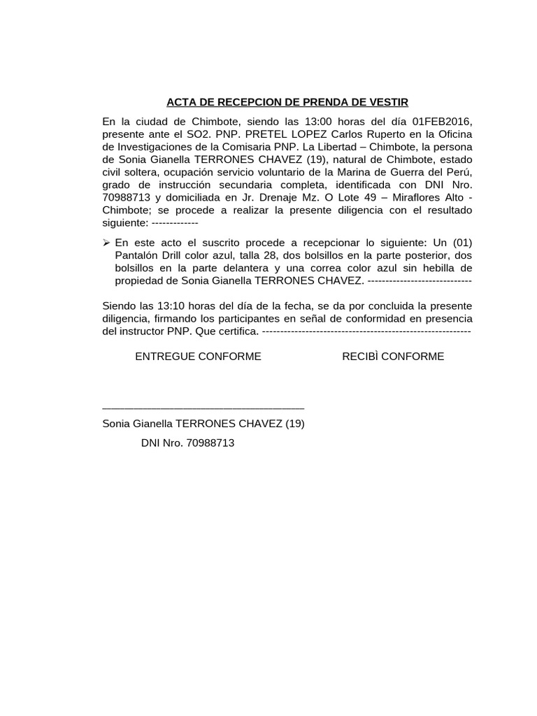Acta de Recepcion de Prenda de Vestir. 01feb2016 | PDF
