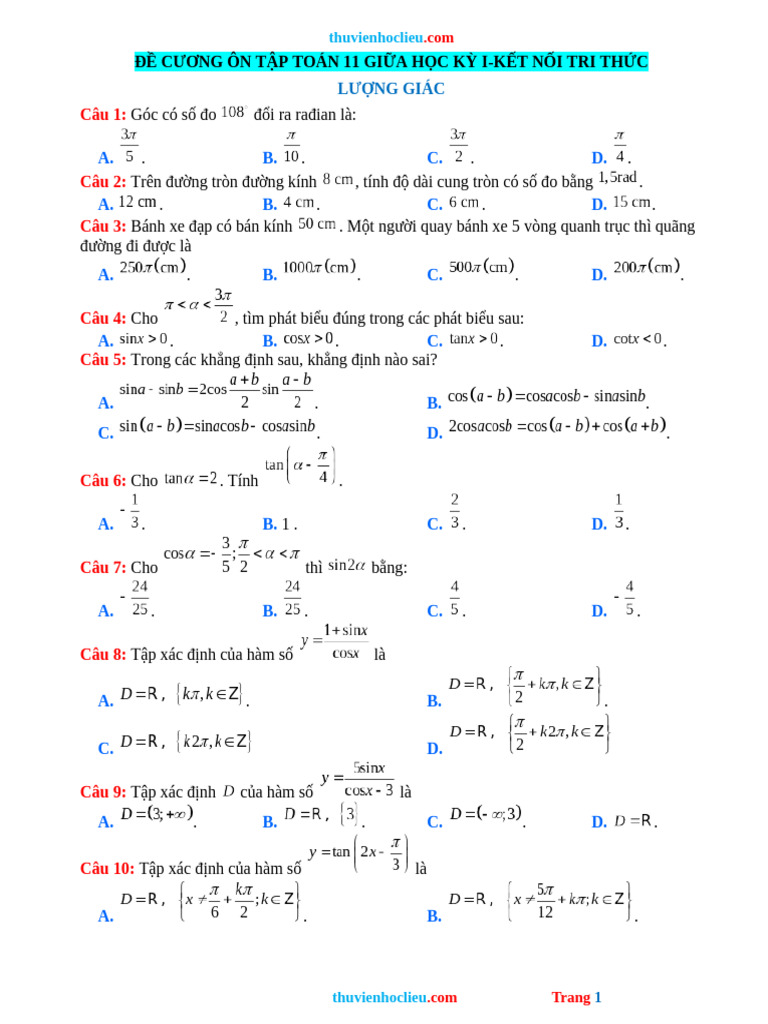 De Cuong On Tap Giua HK1 Toan 11 KNTT | PDF