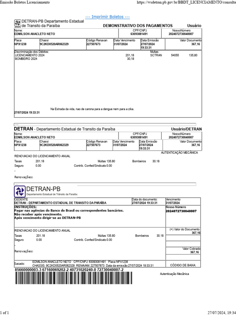 Emissão Boletos Licenciamento NPX1238 | PDF