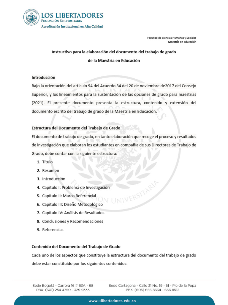 Instructivo para La Elaboración Del Documento Del Trabajo de Grado de La Maestría en Educación | PDF
