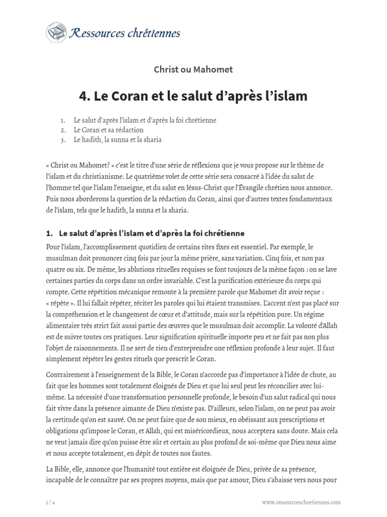 Christ Ou Mahomet 4 Le Coran Et Le Salut D'après L'islam Éric Kayayan | PDF