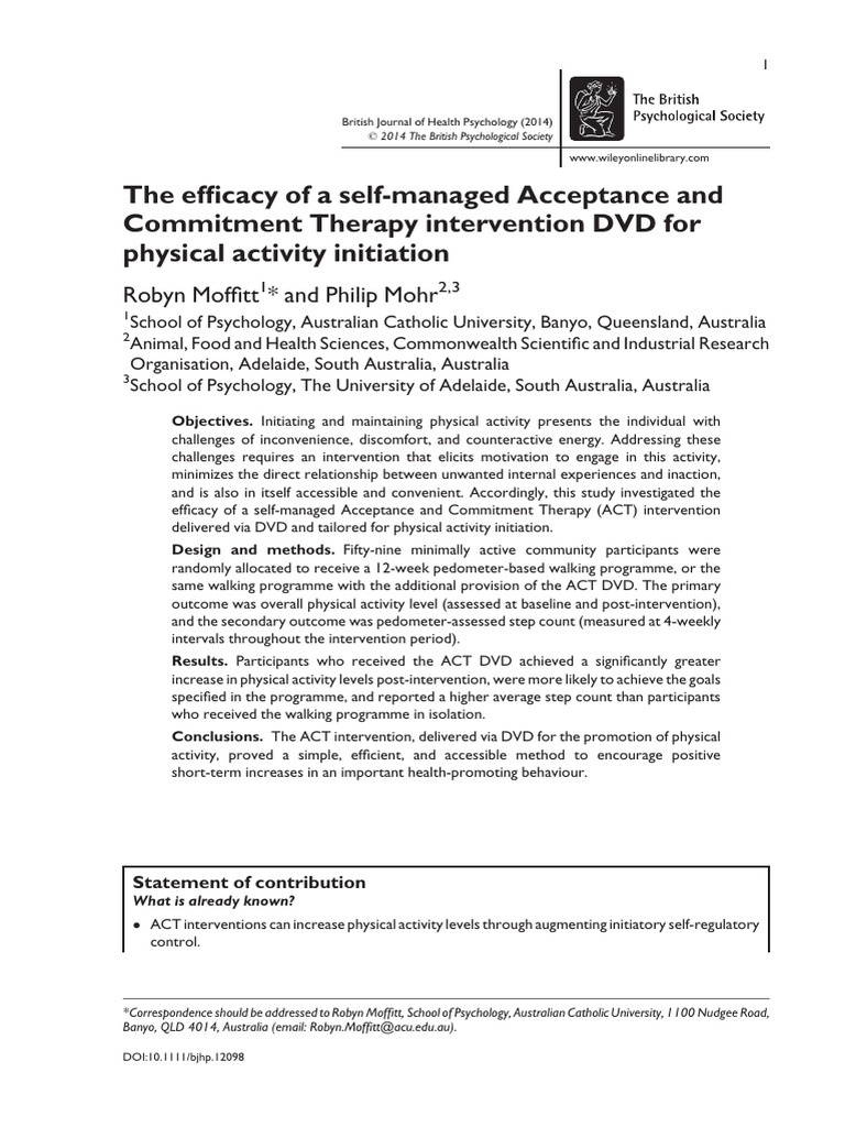 The Efficacy of A Self-Managed Acceptance and Commitment Therapy Intervention DVD For Physical ...