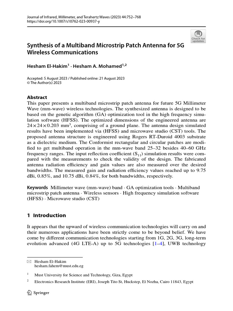 Synthesis of A Multiband Microstrip Patch Antenna For 5G Wireless Communications | PDF