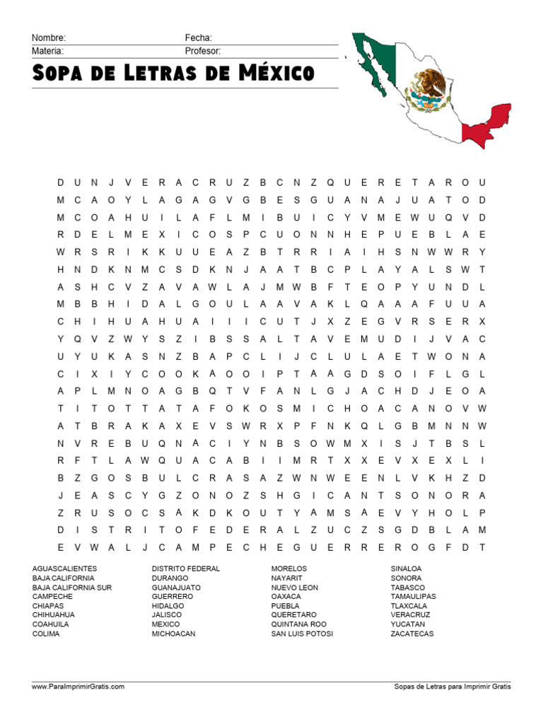 Sopa de Letras: Estados de México | PDF