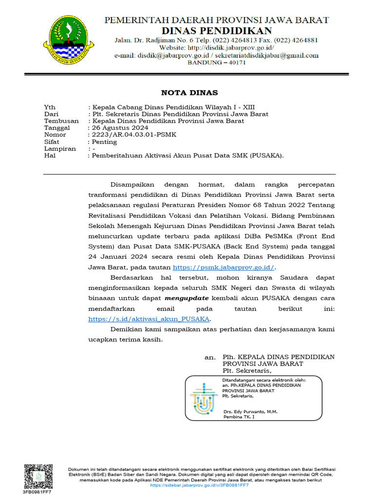 X Nota Dinas Aktivasi Akun Aplikasi Pusat Data SMK PUSAKA 2024 28082024 012942 Signed | PDF