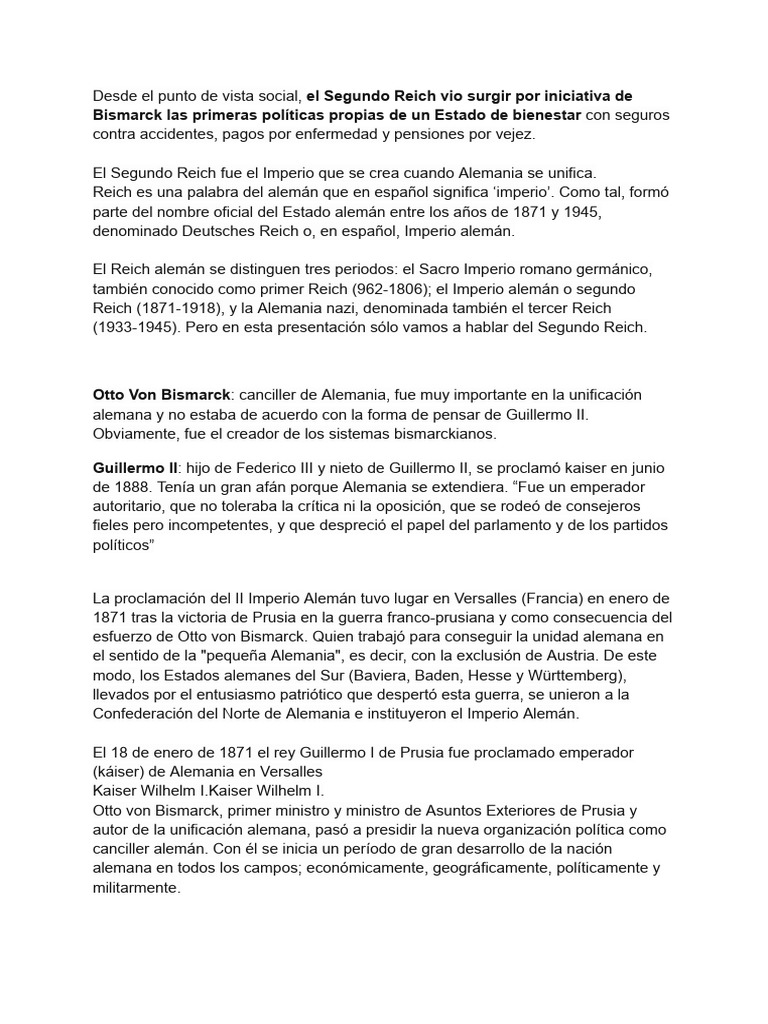 Segundo Reich Alemán y La Europa de Bismarck | PDF