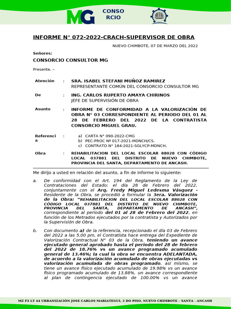 INFORME N° 072-2022CONFORMIDAD A LA VALO 03-grau | PDF