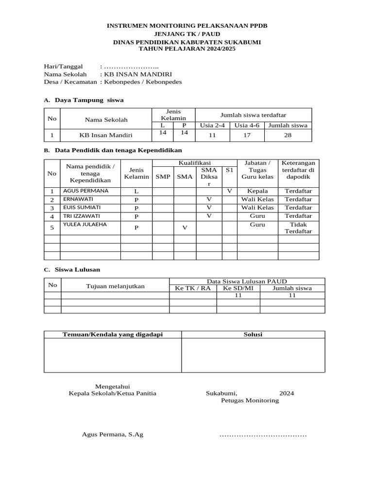 INSTRUMEN MONEV PPDB 2024 Paud | PDF