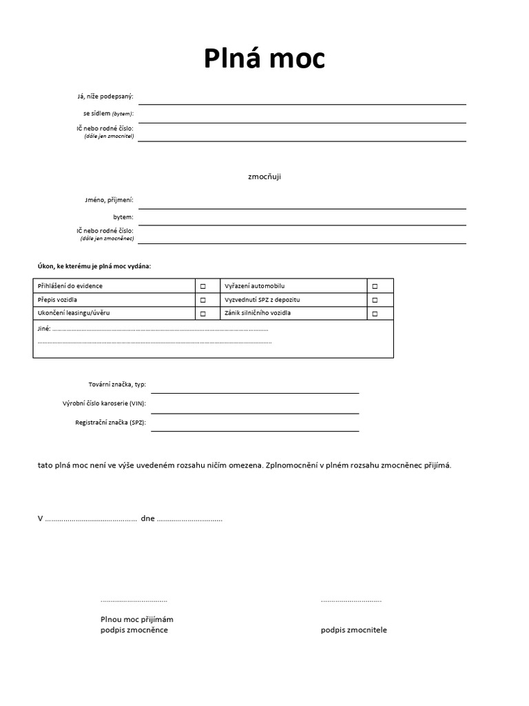 Plná Moc K Přepisu Motorového Vozidla | PDF