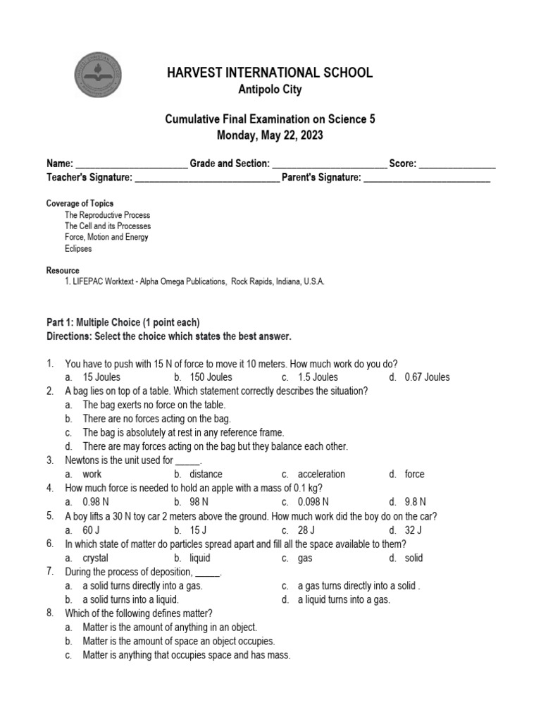 Grade 5 Science Final Exam Guide | PDF | Force | Matter