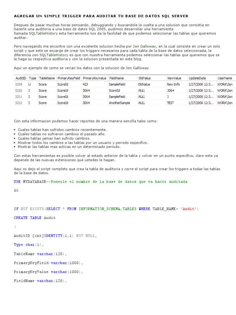 Auditoria y Triggers SQL | PDF | Tabla (base de datos) | Servidor SQL de Microsoft