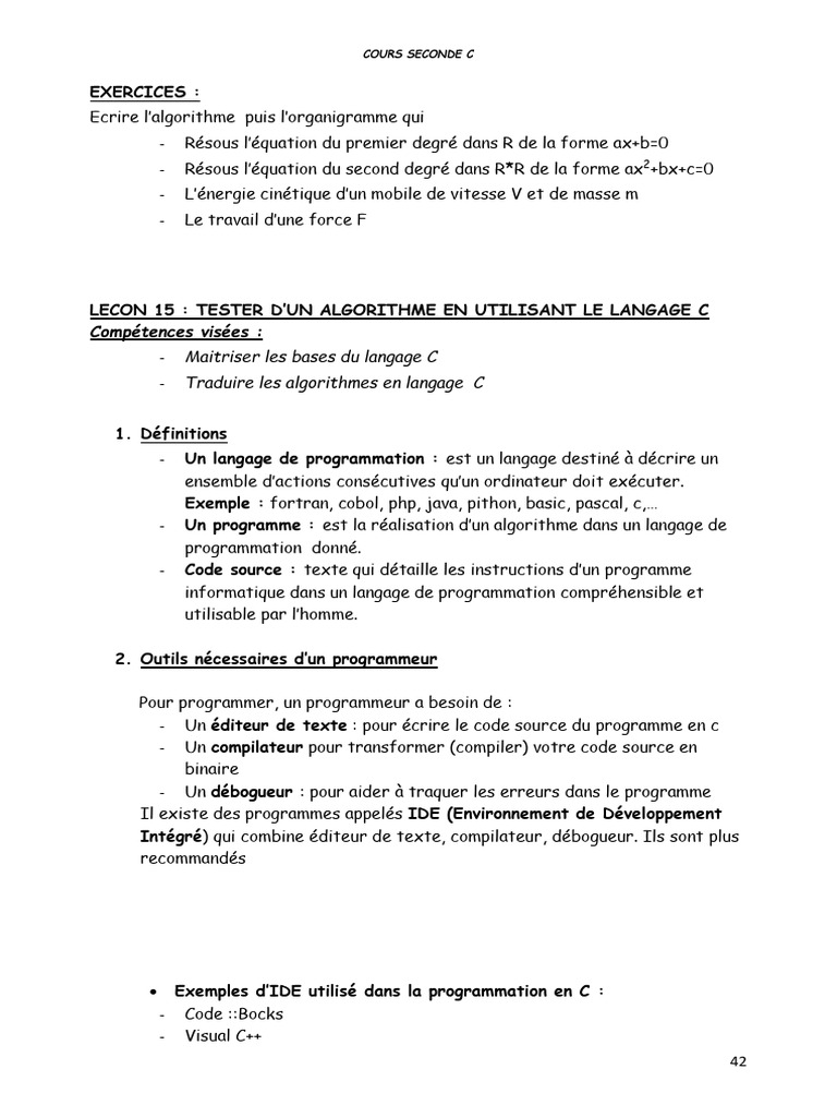Compétences Visées:: Maitriser Les Bases Du Langage C Traduire Les Algorithmes en Langage C | PDF