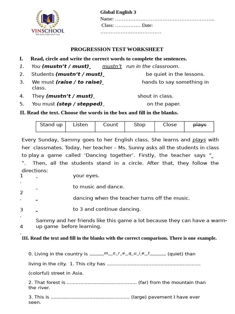 Progression Test Worksheet I. Read, Circle and Write The Correct Words ...