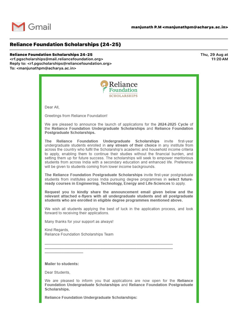 Reliance Foundation Scholarships (24-25) - 240829 - 113515 | PDF