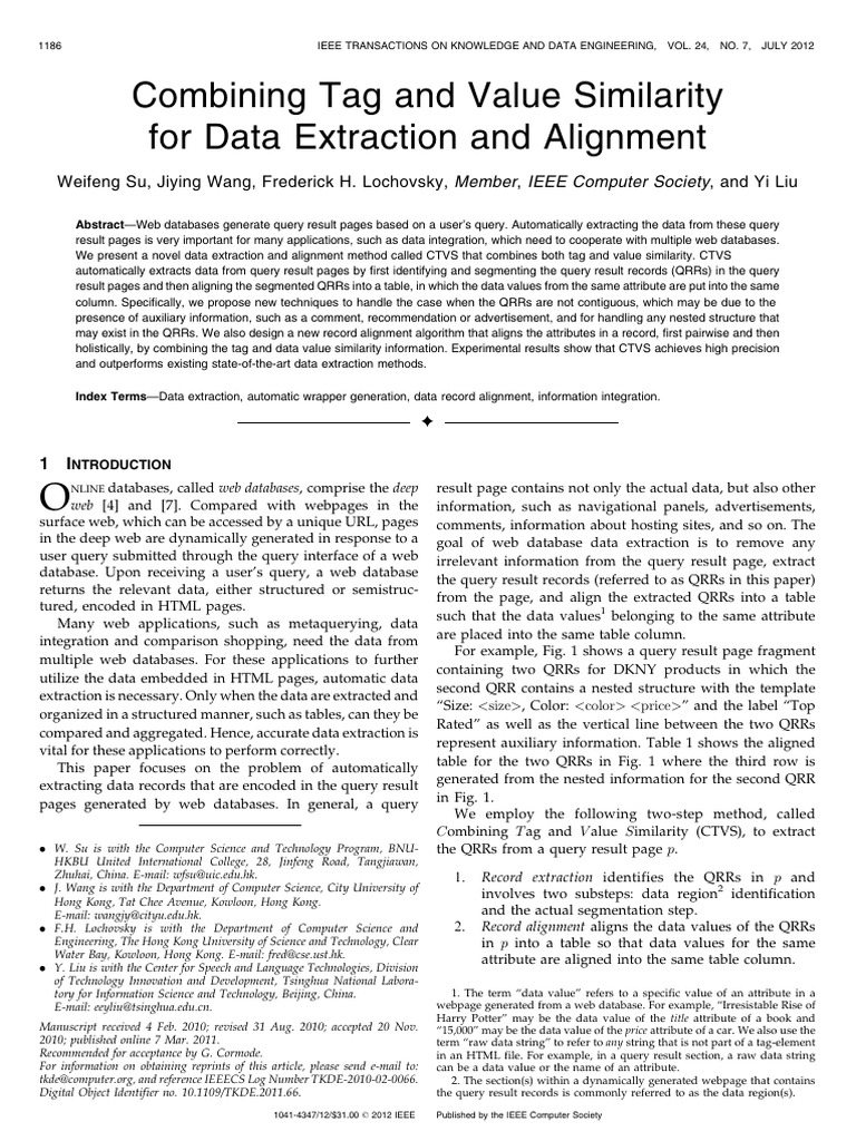 Combining Tag and Value Similarity For Data Extraction and Alignment | PDF