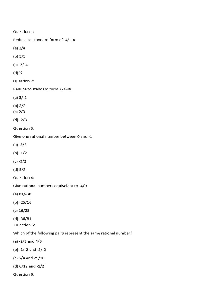 MATHS CLASS 7TH Worksheet Rational Numbers | PDF