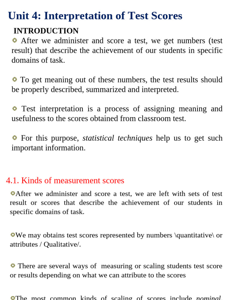 Unit 4: Interpretation of Test Scores: Statistical Techniques | PDF