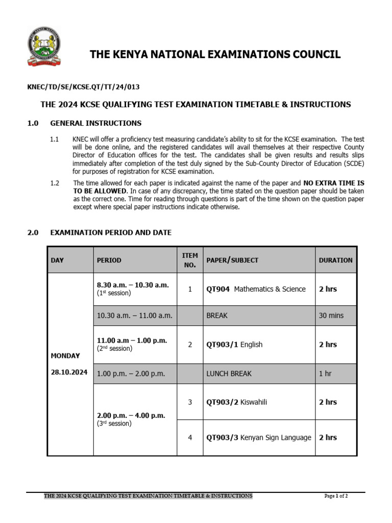 2024 KCSE QT Timetable | PDF