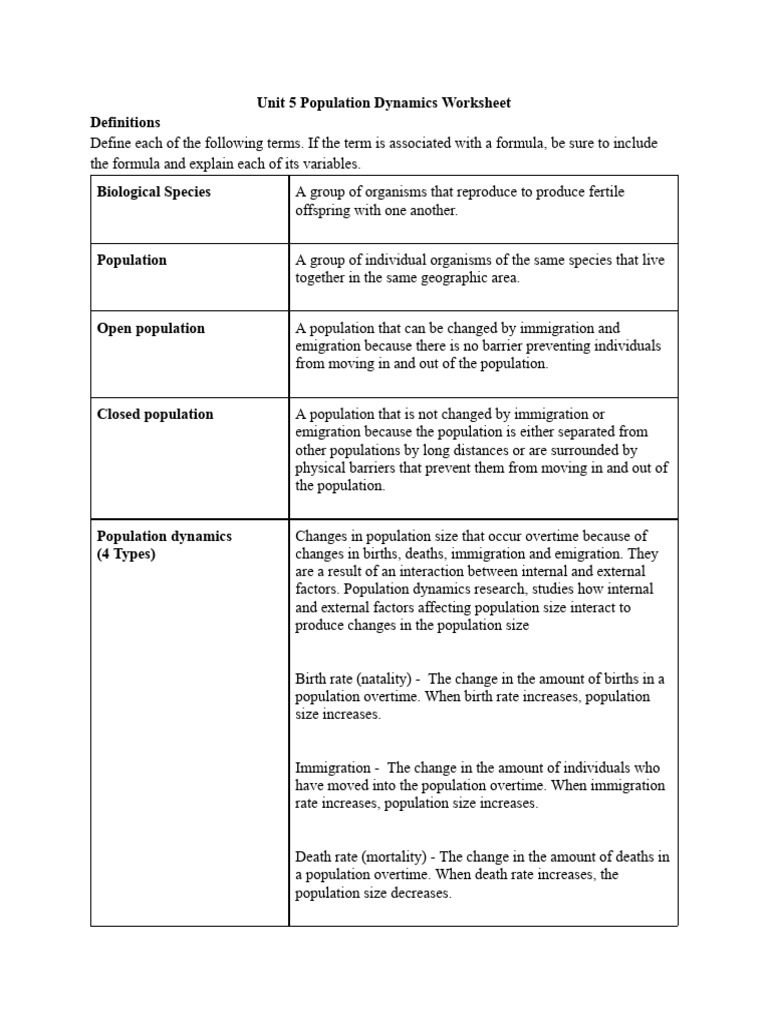 Unit 5 Population Dynamics Worksheet | PDF | Predation | Social Science