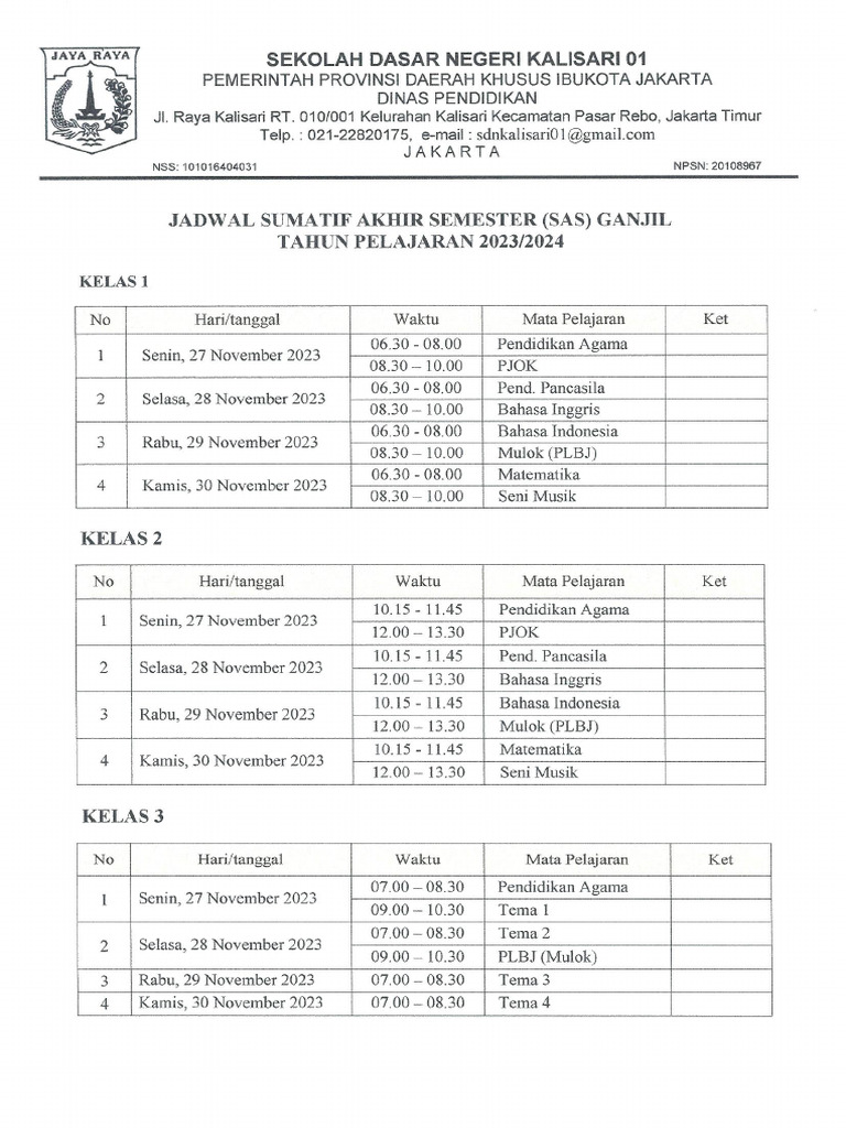 Jadwal SAS Ganjil TP 2023-2024 | PDF