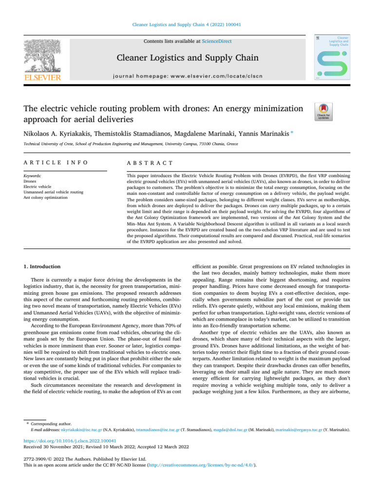 The Electric Vehicle Routing Problem With Drones An - 2022 - Cleaner ...