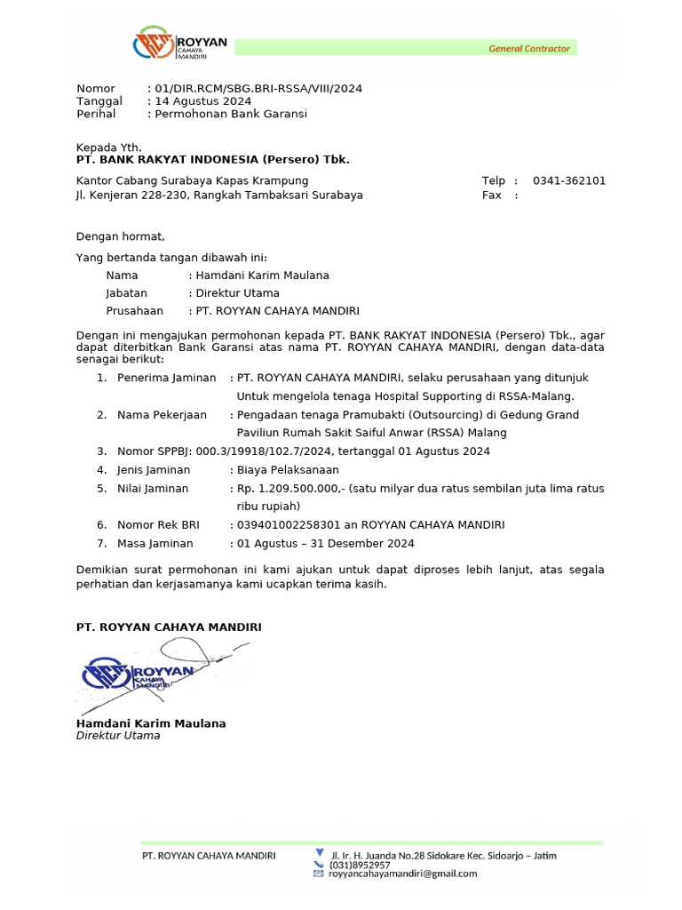 Surat Pengajuan Bank Garansi Rcm-Bri | PDF