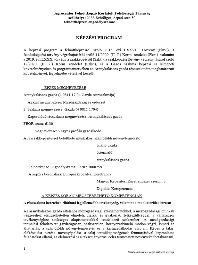 Aranykalaszos Gazda Kepzesi Program | PDF