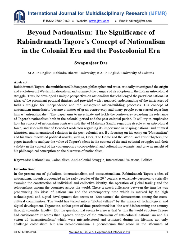 Beyond Nationalism: The Significance of Rabindranath Tagore's Concept of Nationalism in The ...