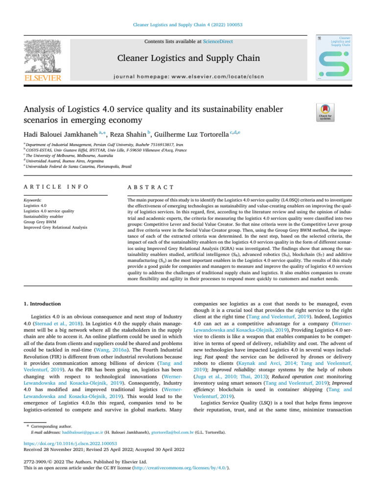 Analysis of Logistics 4 0 Service Quality and Its Sus 2022 Cleaner ...