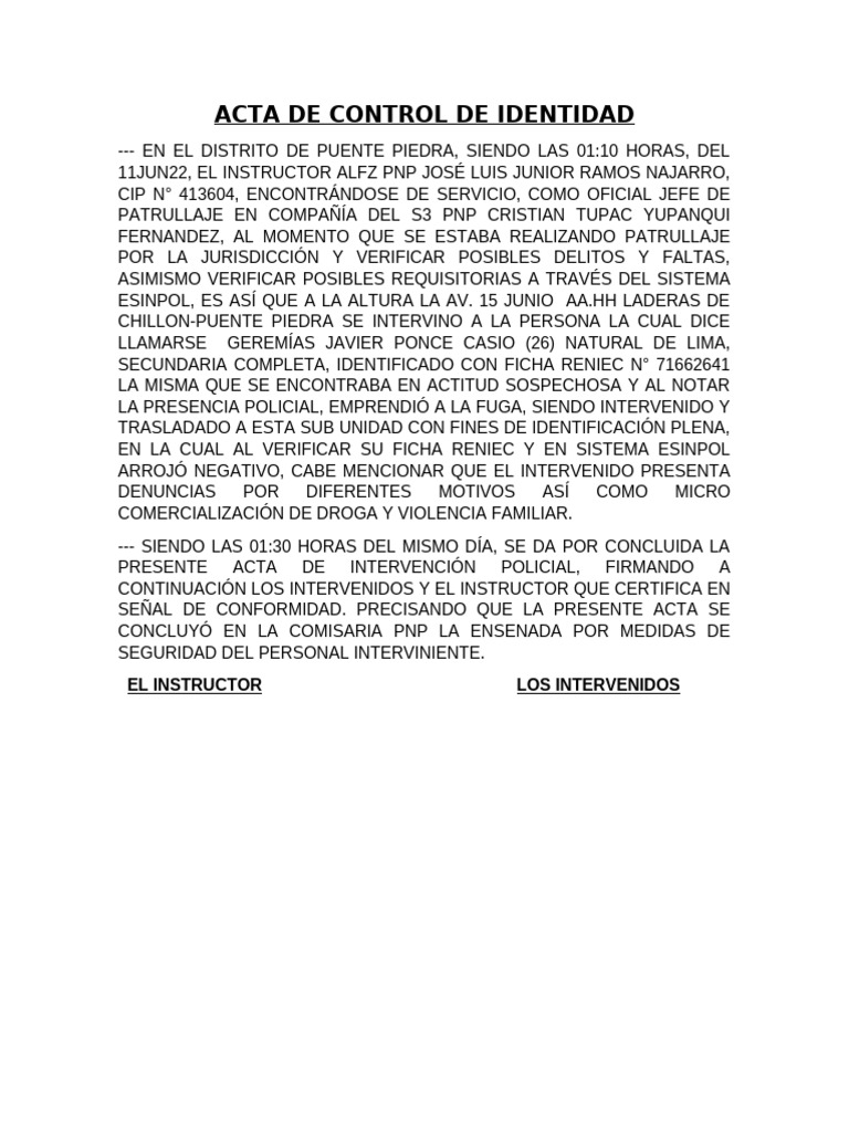 Acta de Control de Identiad Alfz Castro | PDF