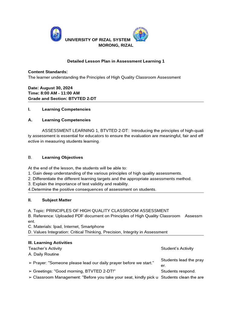 Lesson Plan 1 (1) (Repaired) | PDF | Educational Assessment | Learning
