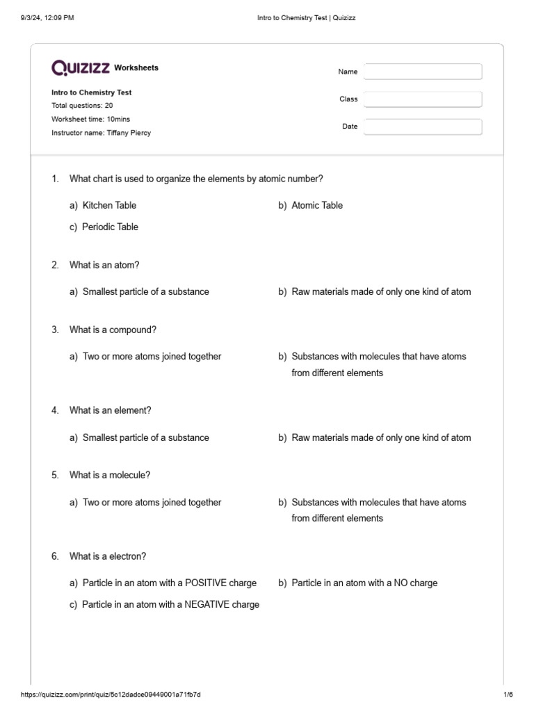 Intro To Chemistry Test - Quizizz With Answers | PDF