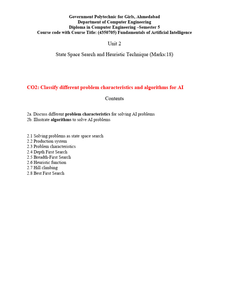 Unit 2 State Space Search and Heuristic Technique | PDF