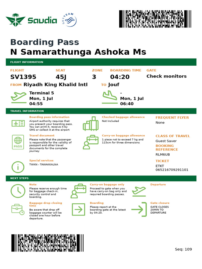Boarding Pass For Ashoka N Samarathunga - SV1395 - RUH To AJF | PDF
