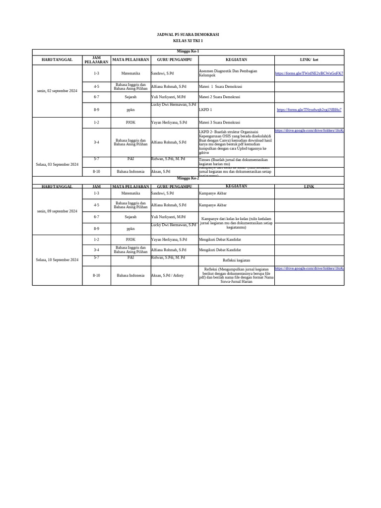 Jadwal Kelas p5 - Suara Demokrasi 2024 Fix | PDF