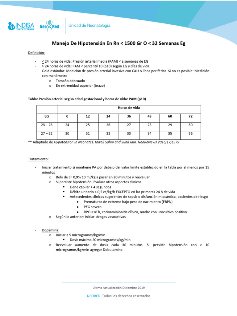 Manejo de Hipotensión en RN 1500 GR O 32 Semanas Eg | PDF