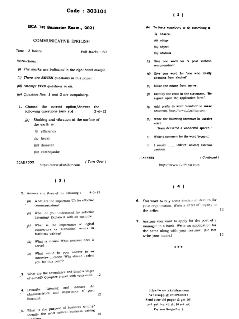 Bca 1 Sem Communicative English 303101 2021 | PDF
